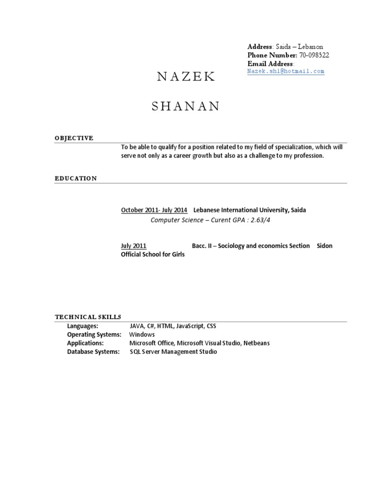 Nazek Shanan: Address: Saida - Lebanon Phone Number: 70-098522 Email ...