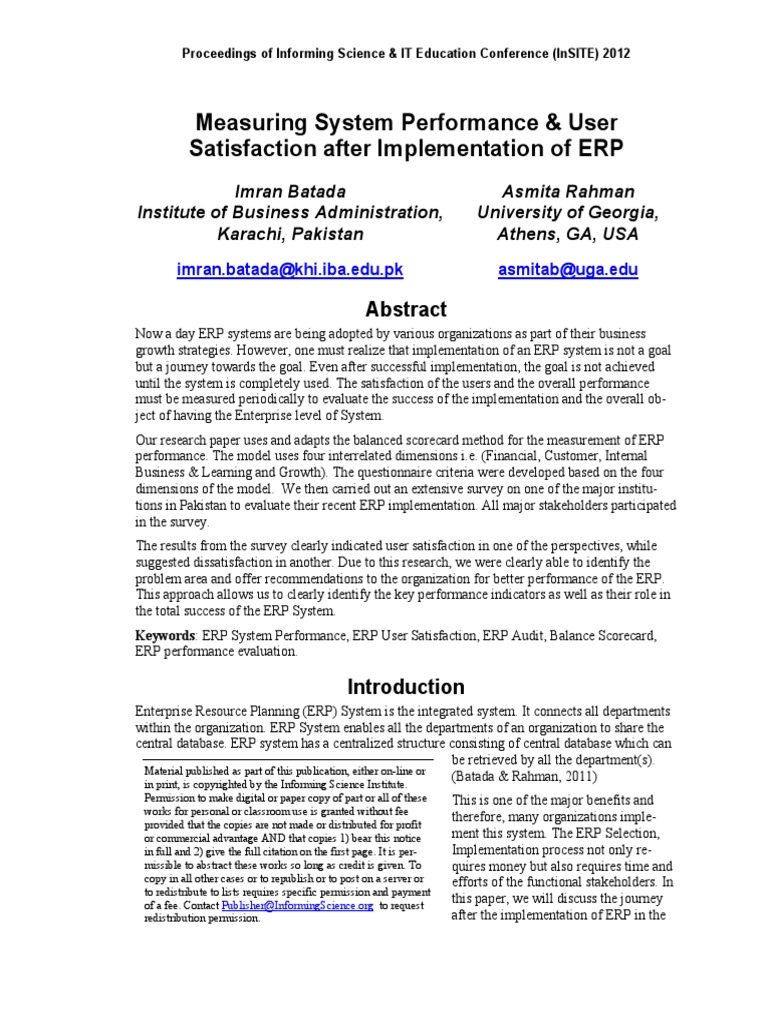 Measuring System Performance & User Satisfaction After Implementation of ERP | PDF | Enterprise ...