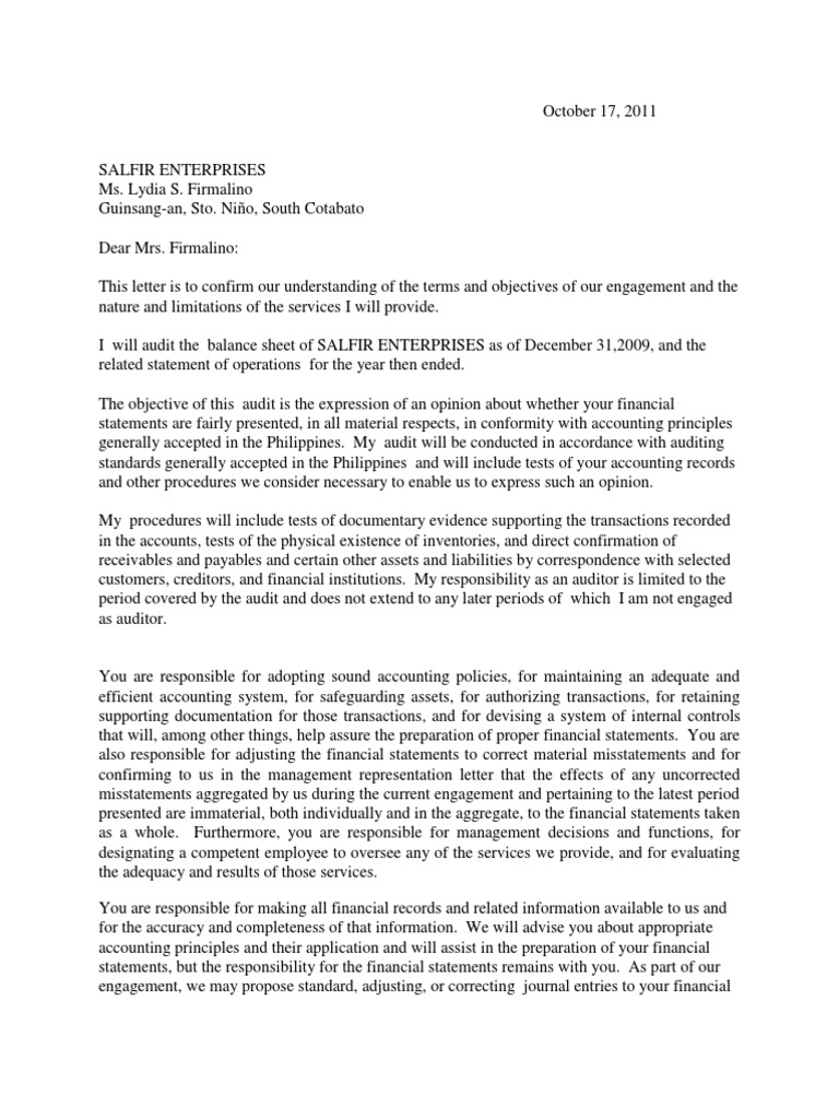 Audit Engagement Letter1 | Audit | Accounting