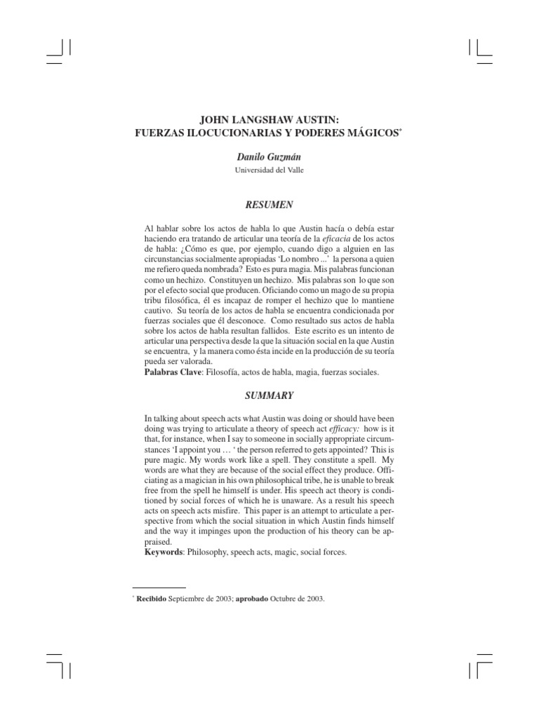 John Langshaw Austin Fuerzas Ilocucionarias y Poderes Mágicos | PDF