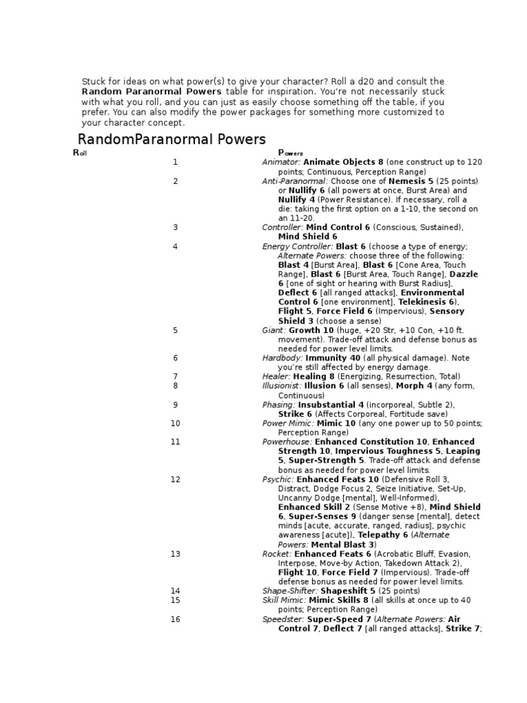 Mutants & Masterminds Random Paranormal Powers Table | Role Playing ...
