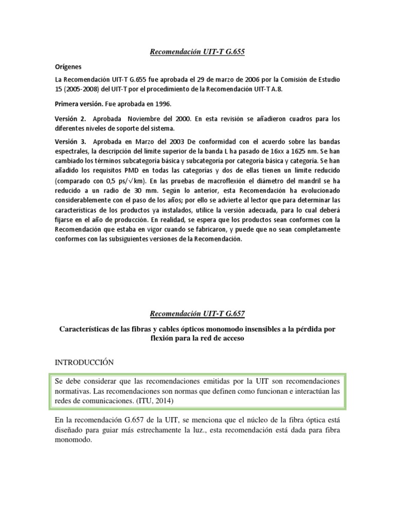 Recomendación UIT-T G.657: Fibras Ópticas | PDF | Fibra a la X | Itu T