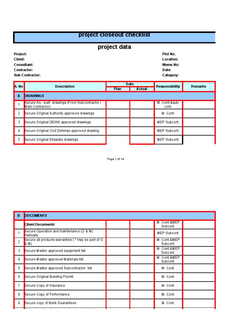 Project Closeout Checklist Template | PDF | Business