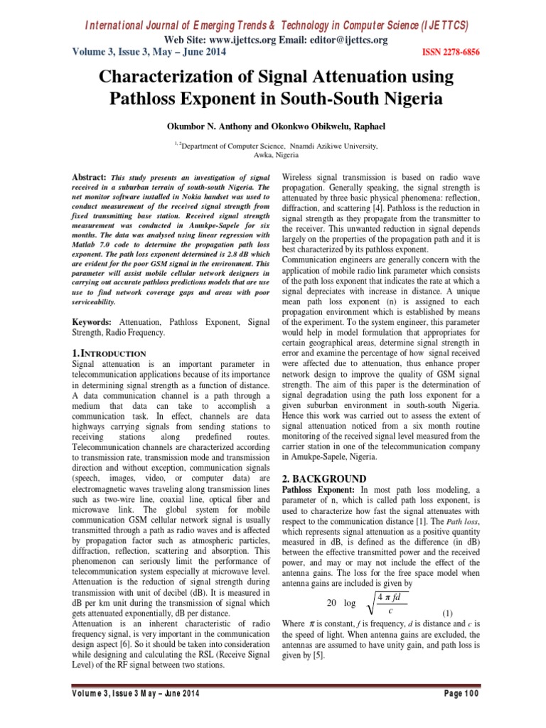 Characterization of Signal Attenuation Using Pathloss Exponent in South ...