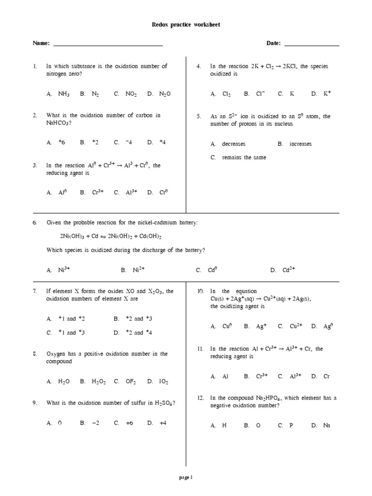 Redox Reactions Practice Worksheet | PDF | Redox | Electrochemistry