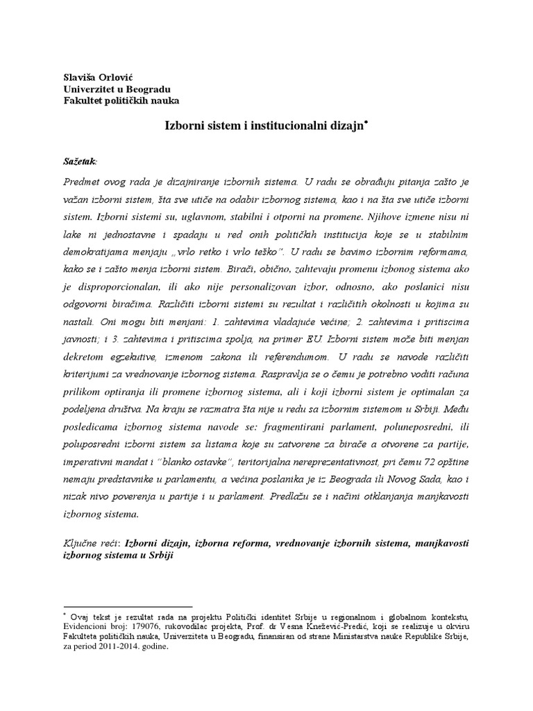 Slavisa Orlovic - Izborni Sistem I Institucionalni Dizajn | PDF