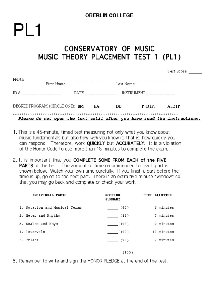 Conservatory of Music Theory Placement Test | PDF | Clef | Interval (Music)