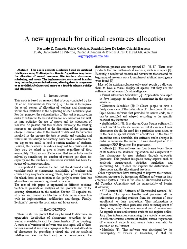 A New Approach For Critical Resources Allocation | PDF | Mathematical Optimization | Genetic ...