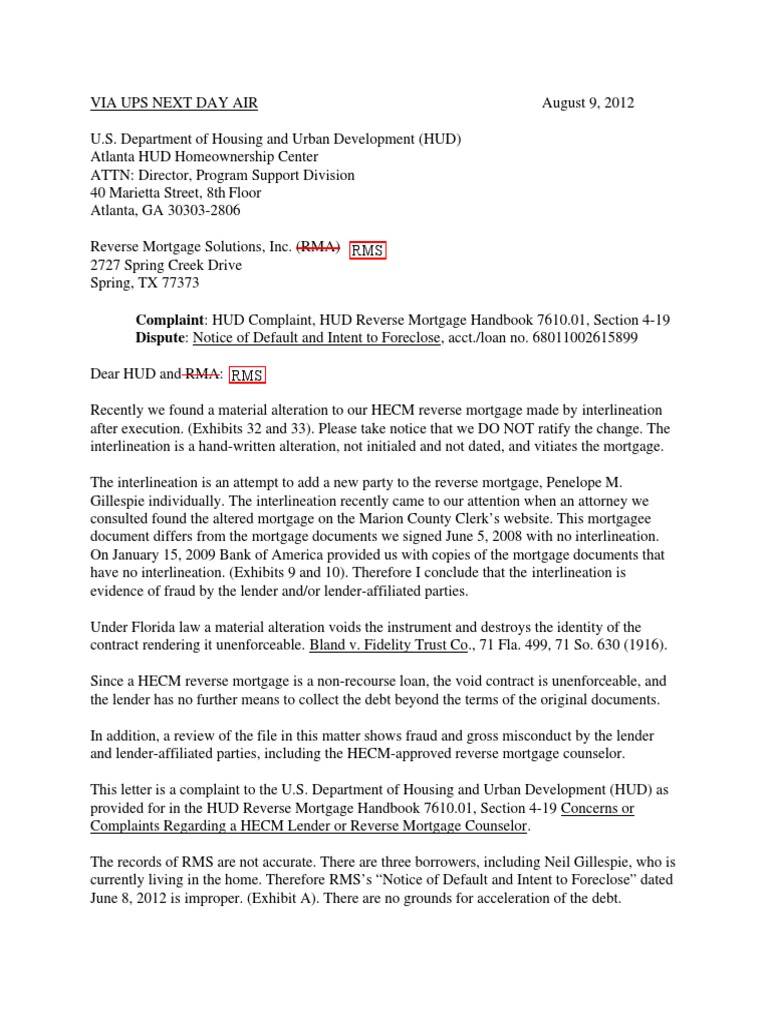 HUD Complaint: Reverse Mortgage Fraud | PDF | Foreclosure | Mortgage Loan