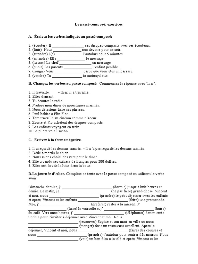 Le Passé Composé Exercices | PDF