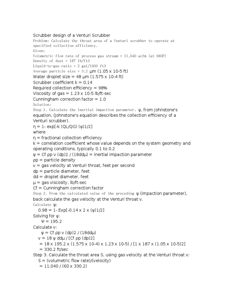 Venturi Scrubber Throat Area Calculation | PDF