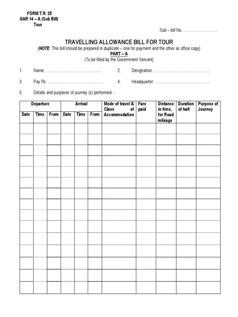Travelling Allowance Billfor Tour | PDF | Transport | Business