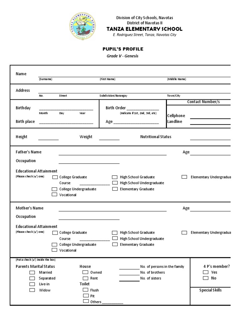 Student Profile Template for Grade V | PDF