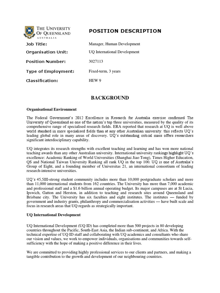 UQ International Development Manager Role | PDF | University | Business