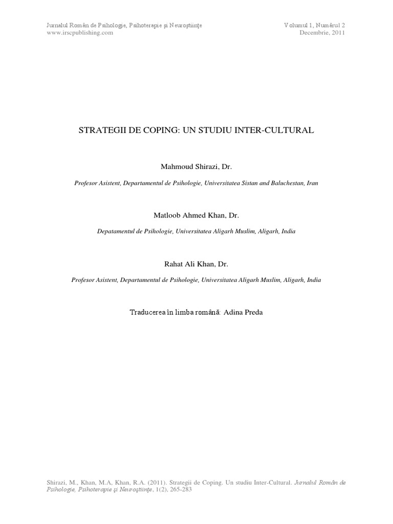 Strategii de Coping. Un Studiu Inter Cultural Romana | PDF