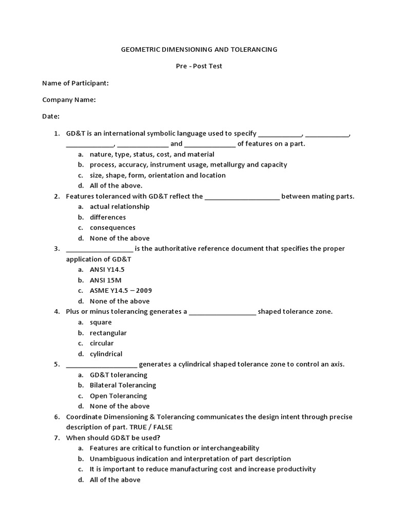 GD&T Pre Post Test | PDF | Engineering | Geometry