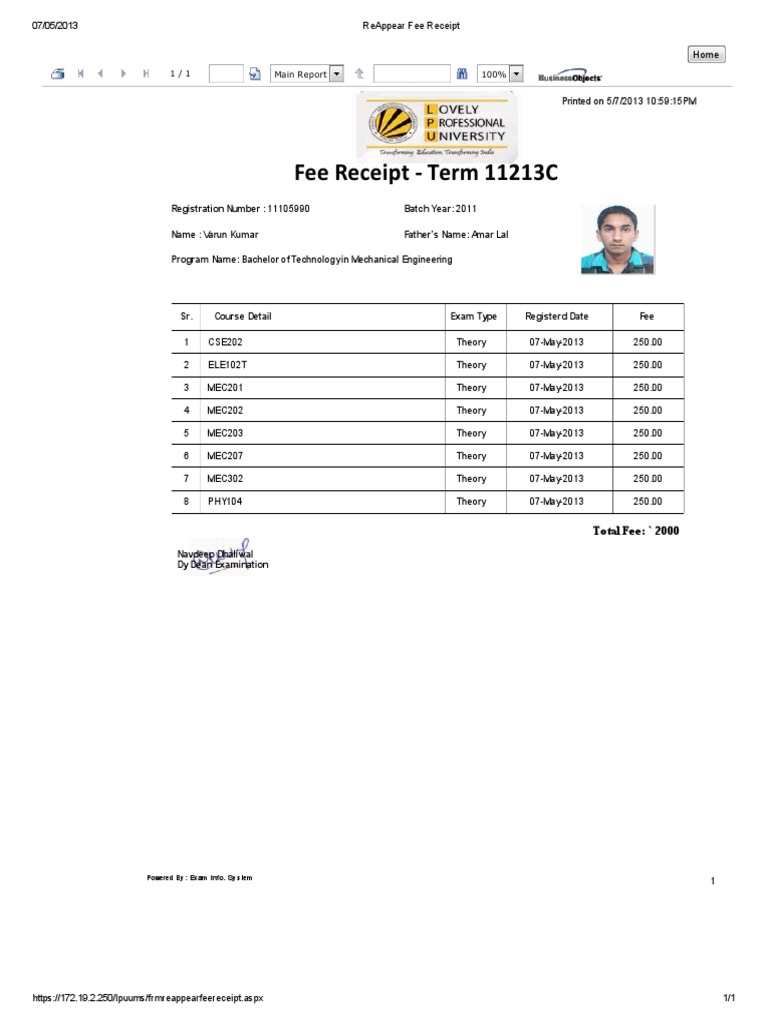 Fee Receipt for B.Tech Mechanical Engineering | PDF