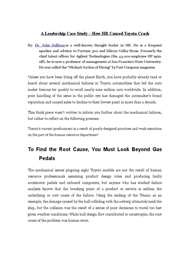 Case Study - Leadership How HR Caused Toyota Crash | Download Free PDF ...