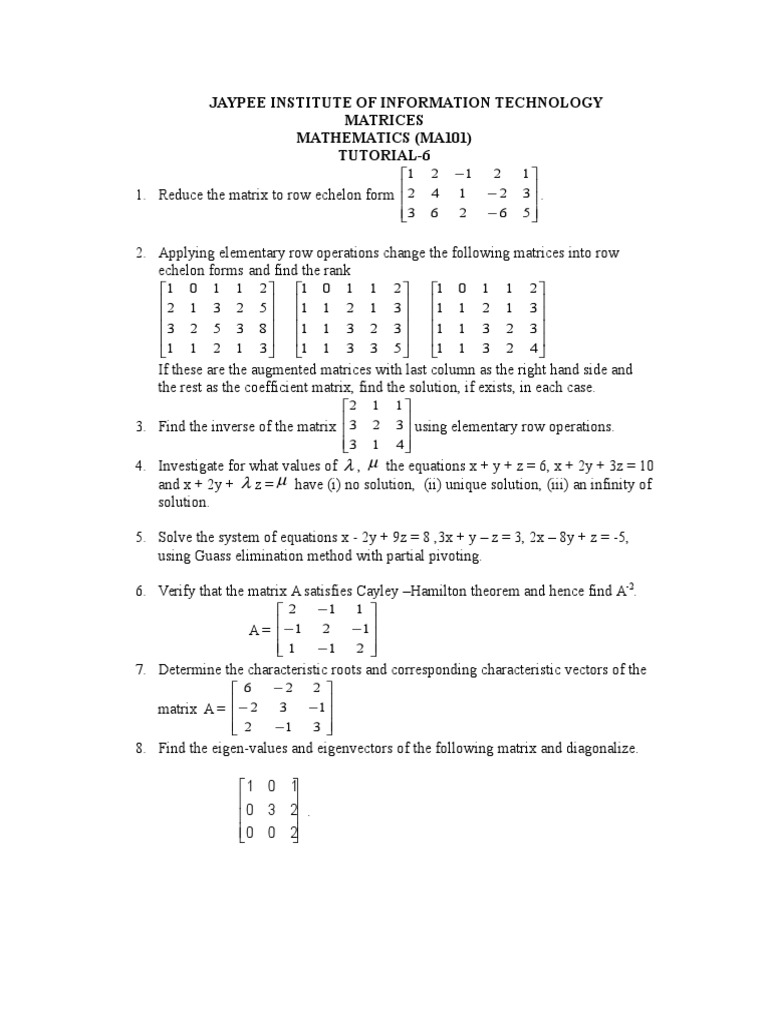 MA101 Matrices Tutorial Solutions | PDF