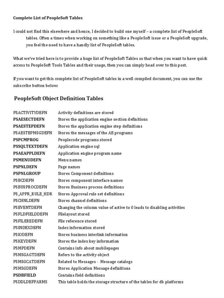 Complete List of PeopleSoft Tables | PDF | Table (Database) | Sql
