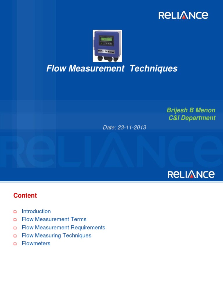 Flow Measurement Techniques: Brijesh B Menon C&I Department | PDF ...