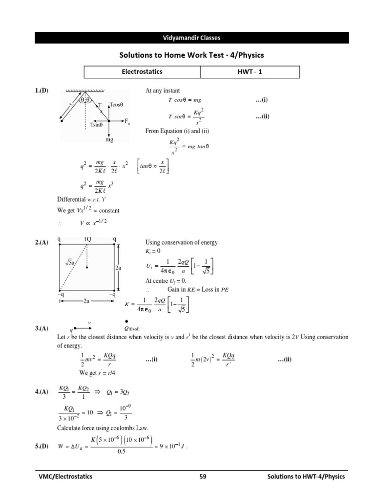 Solutions HWT Electrostatics | PDF | Electrostatics | Dipole