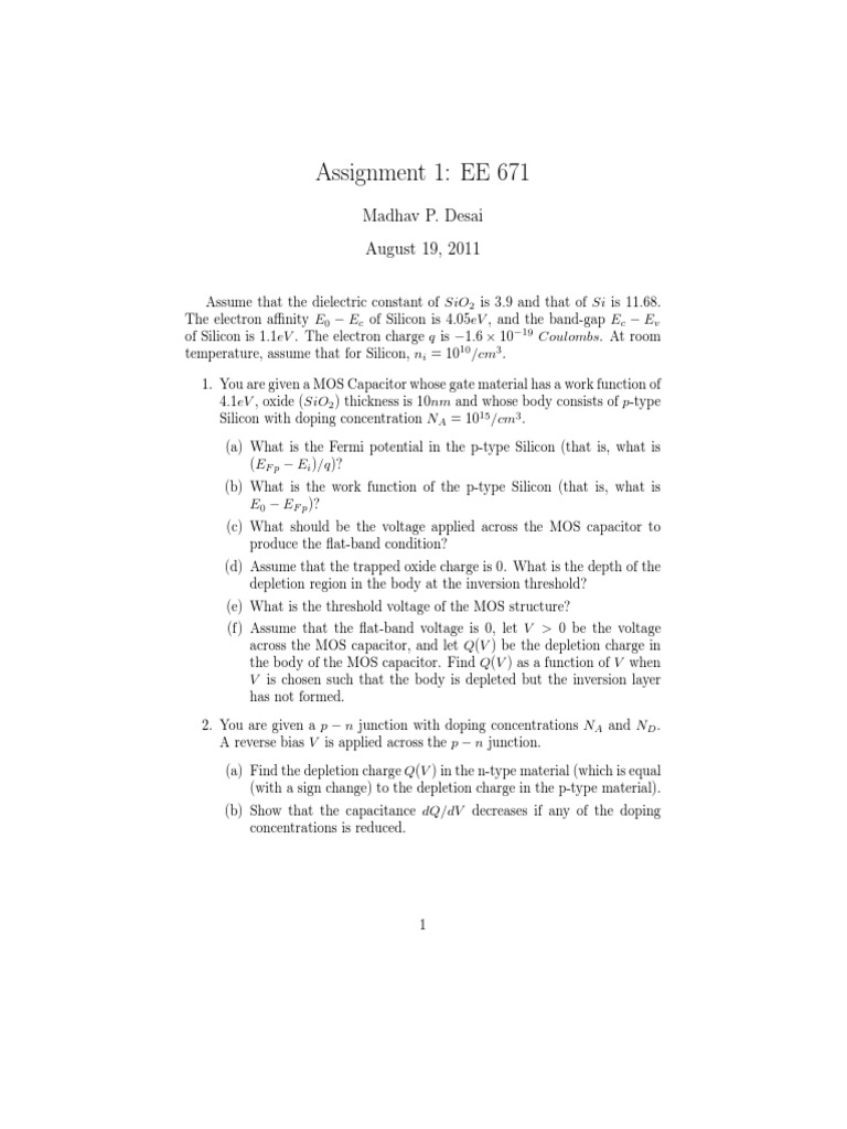 EE 671 Assignment: MOS Capacitor Analysis | PDF | Science & Mathematics ...