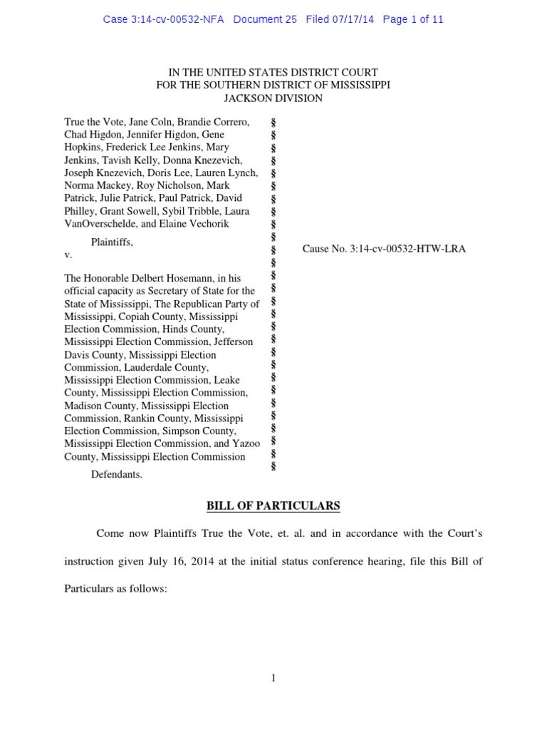 Bill of Particulars in True The Vote V Delbert Hosemann and MSGOP | PDF ...