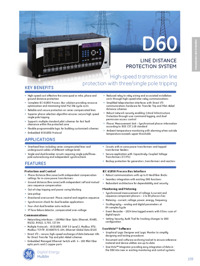 GE Multilin D60 Specs | PDF | Relay | Electric Power System