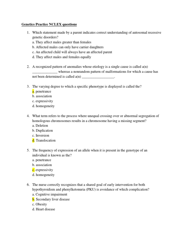 Genetics Practice NCLEX Questions Handout | PDF | Genetic Disorder ...