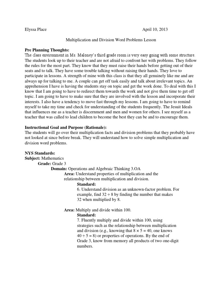 Multiplication Division Word Problems Lesson PDF Multiplication