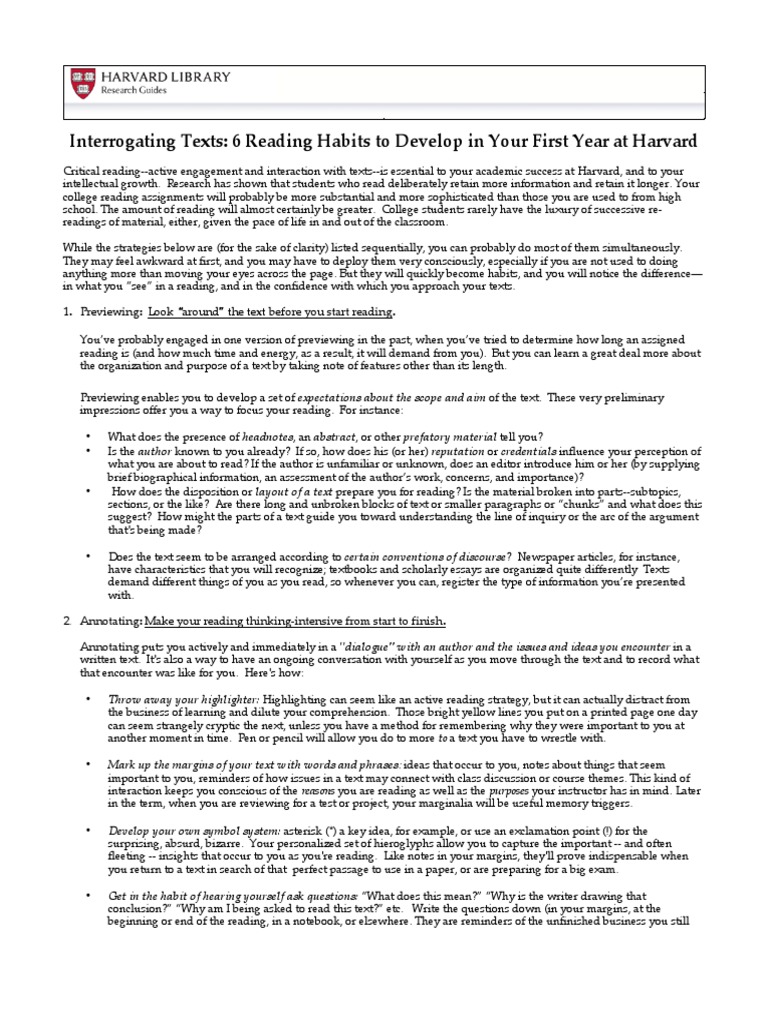 Harvard - Reading Habits | PDF | Argument | Reading (Process)
