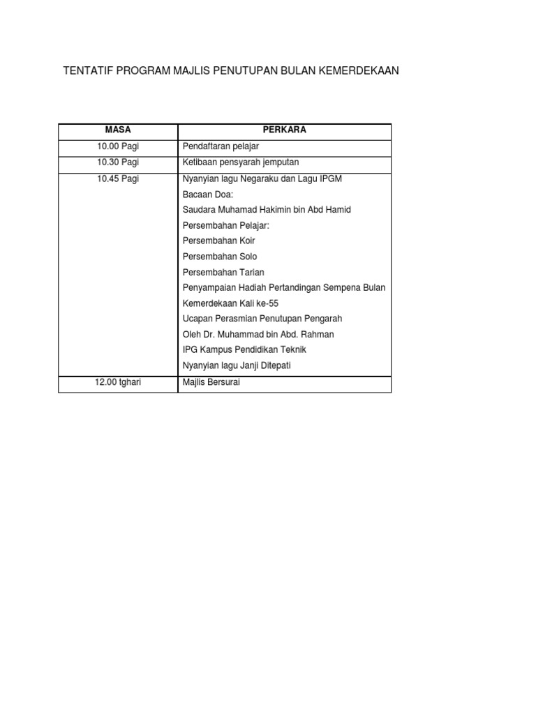 Tentatif Program Majlis Penutupan Bulan Kemerdekaan | PDF