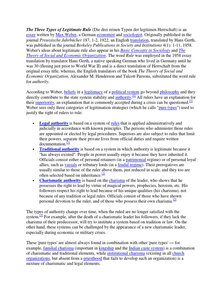Weber's Three Types of Legitimate Rule | PDF | Max Weber | Political ...