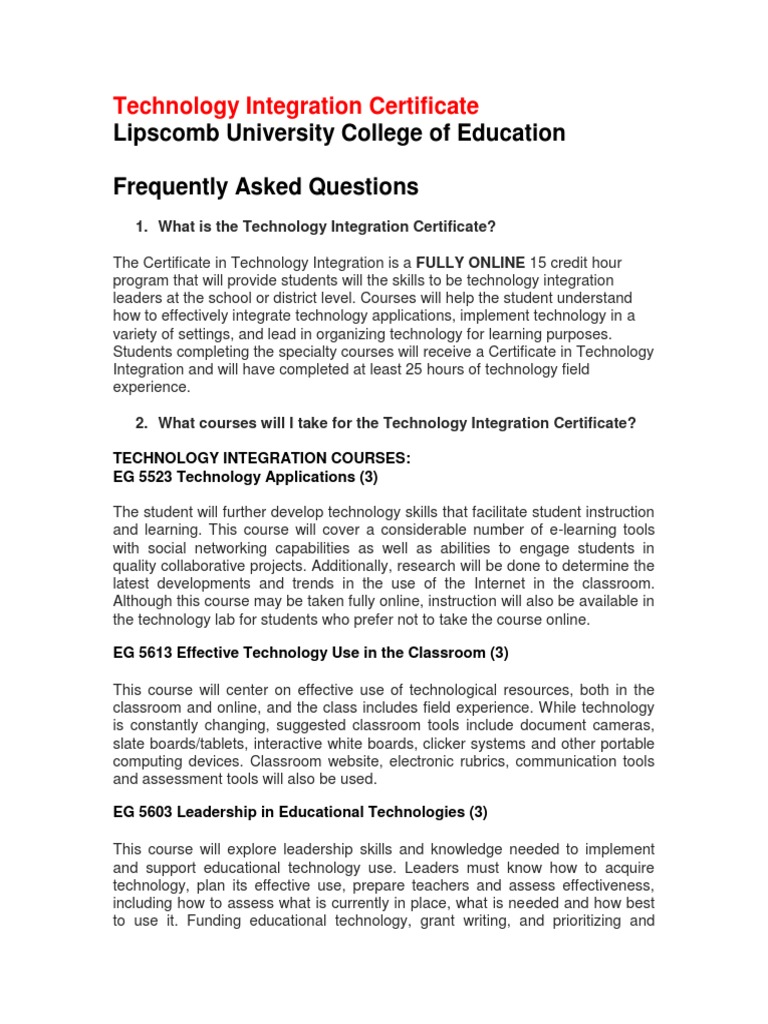 Technology Integration Certificate Faqs | PDF | Educational Technology ...