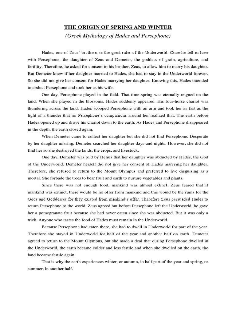 The Myth of Persephone and Seasons | PDF | Hades | Persephone