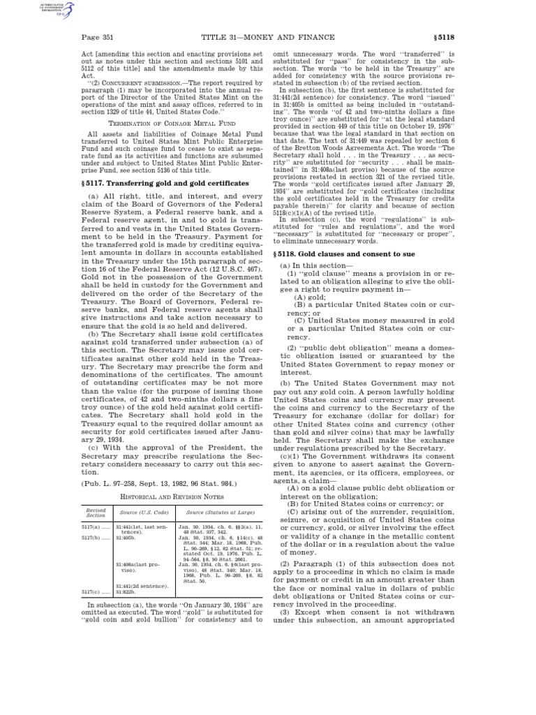 31 USC 5118 D 2 - US CODE Title 31 | PDF | Gold Certificate | United ...