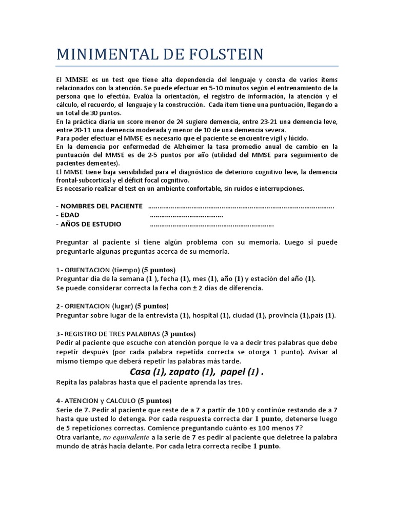 Minimental de Folstein (Ancianos) | PDF | Demencia | Neuropsicología