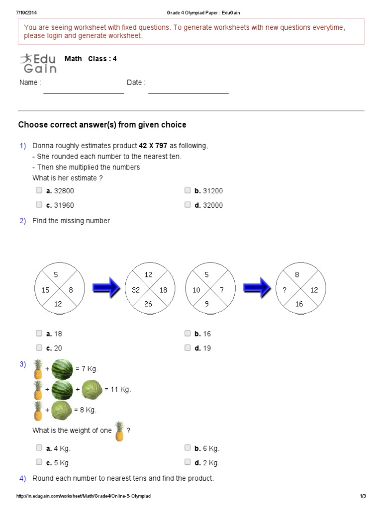 Grade 4 Olympiad Paper - EduGain | PDF