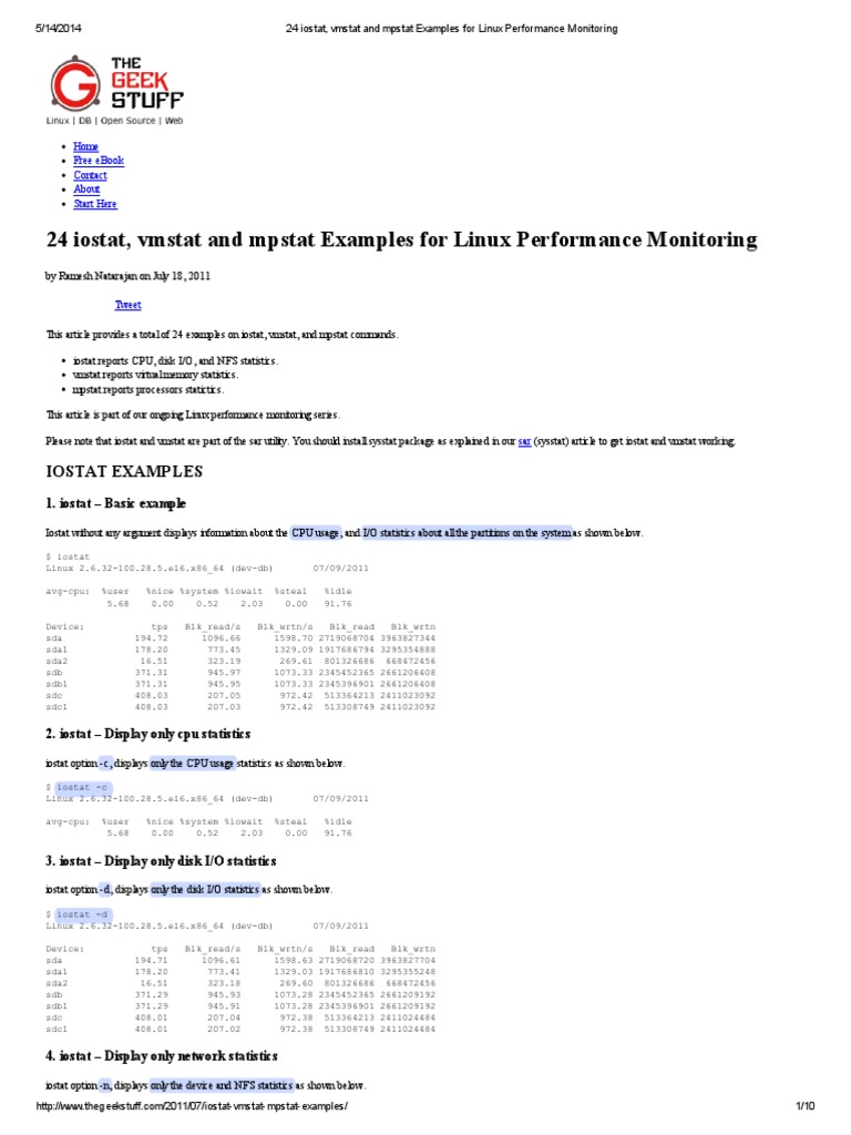 24 Iostat, Vmstat and Mpstat Examples For Linux Performance Monitoring | PDF | Linux | Unix