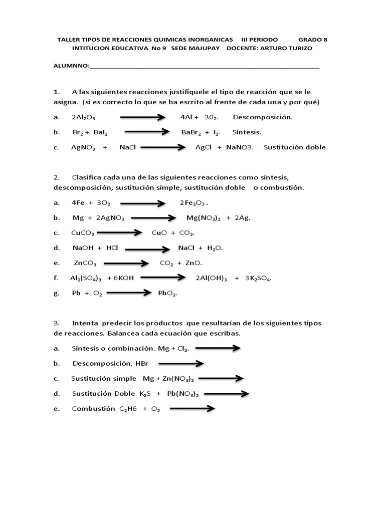 Hoja De Trabajo Sobre Clasificación De Reacciones Químicas Actividad