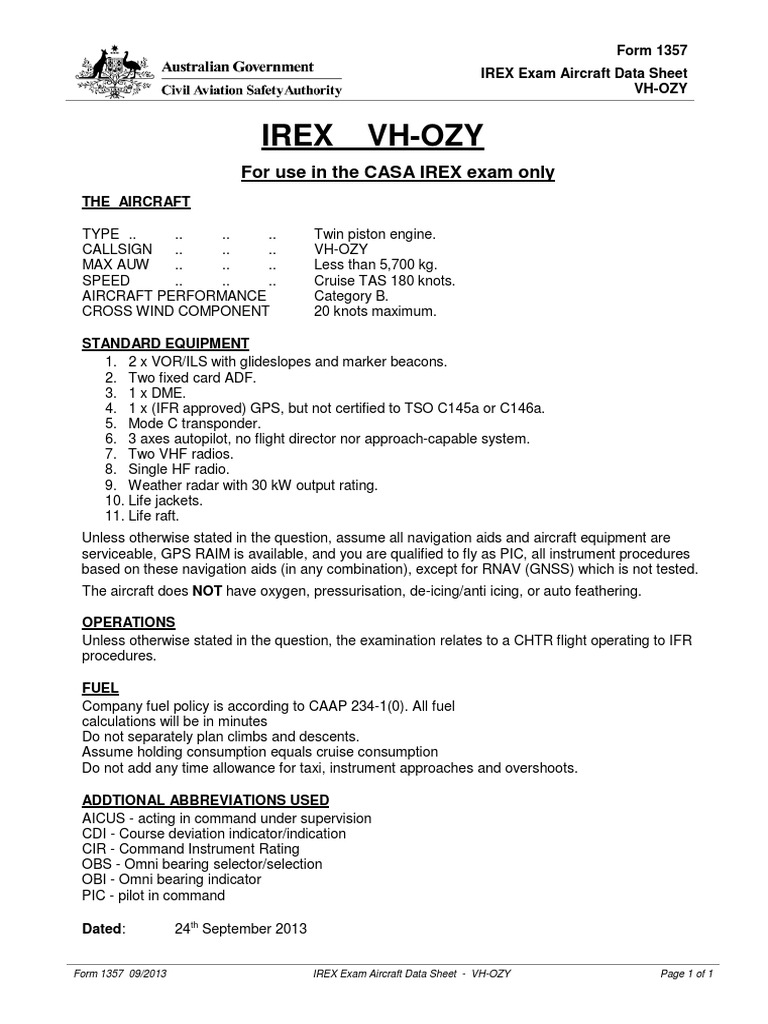 CASA Form 1357 - IREX Exam Aircraft Datasheet VH-OZY | PDF | Instrument ...