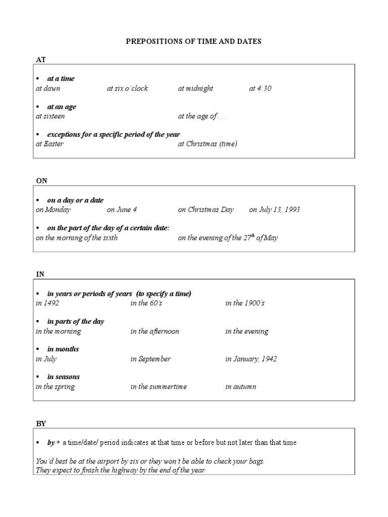 Prepositions of Time Edited | PDF | Preposition And Postposition | Idiom
