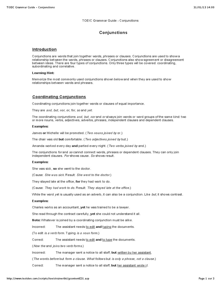 Toeic Grammar Guide Conjunctions | PDF | Clause | Phrase