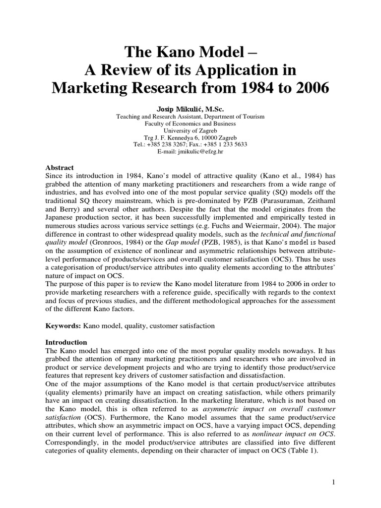 Kano Model Review: 1984-2006 Insights | PDF | Customer Satisfaction ...