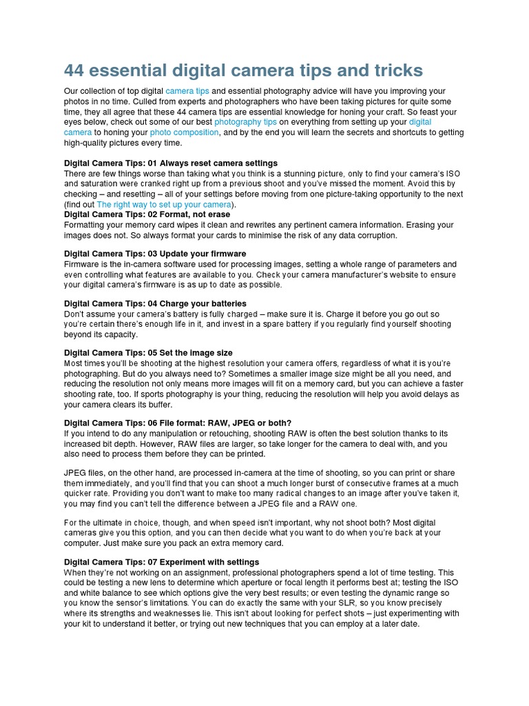 Digital Camera Tips for Enthusiasts | PDF | Exposure (Photography ...