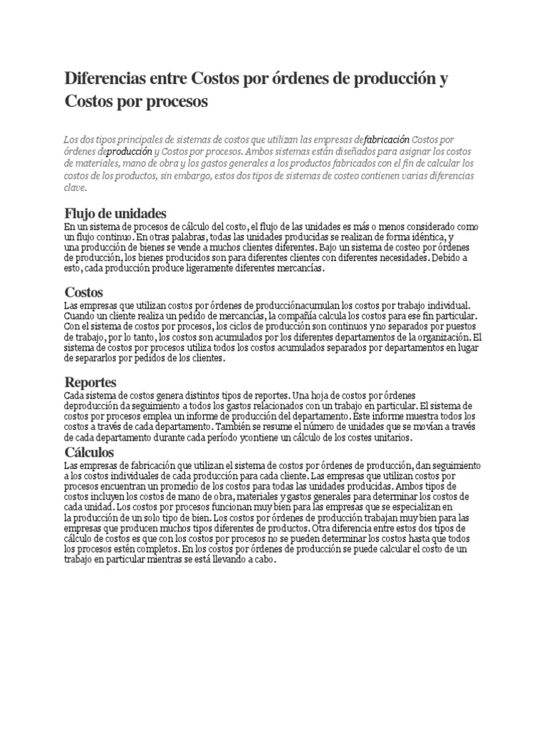 Diferencias Entre Costos Por Órdenes de Producción y Costos Por Procesos | PDF | Costo | Economias