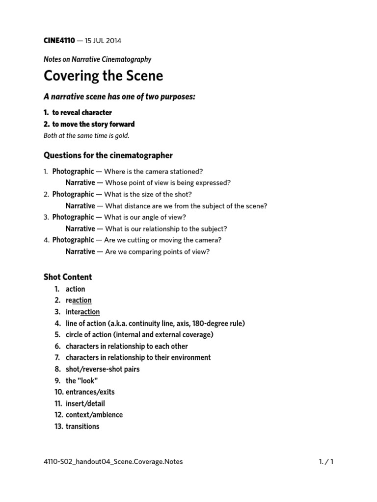 Cinematography: Scene Coverage Notes | PDF