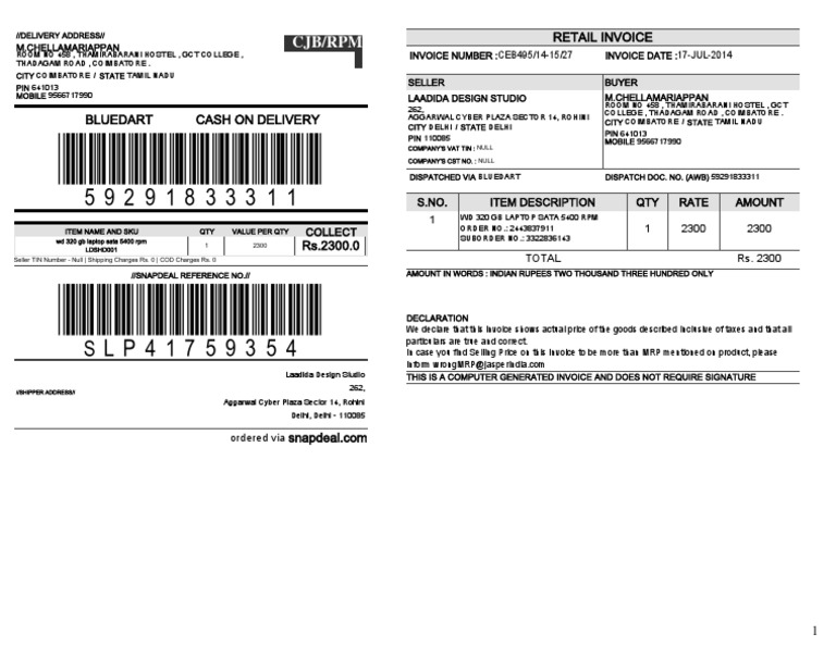 Blue Dart Retail Invoice Format | PDF