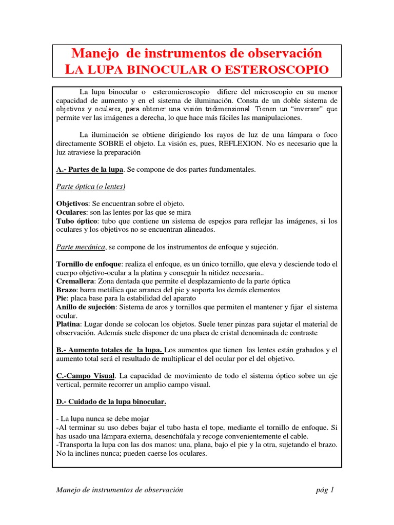Lupa Binocular: Partes y Uso | PDF | Filosofía natural | Radiación ...